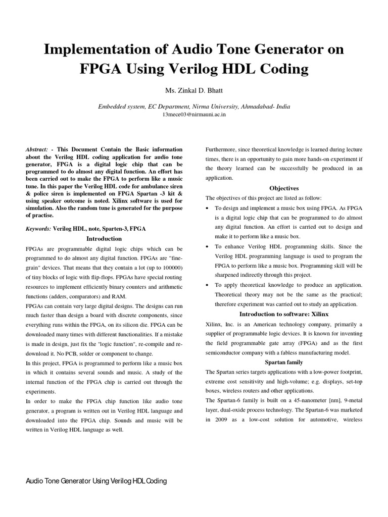 Audio Tone Generator Using Verilog Hdl C Pdf Field Programmable Gate Array Hardware