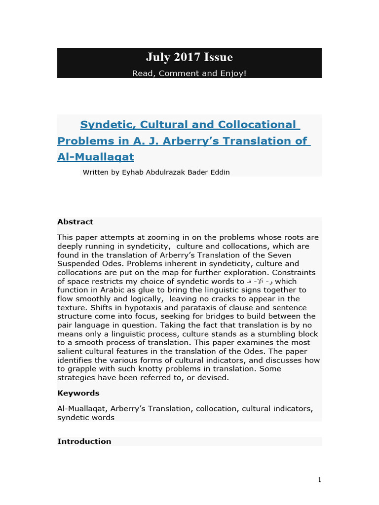 Yndetic, Cultural and Collocational Problems in A. J. Arberry's ...