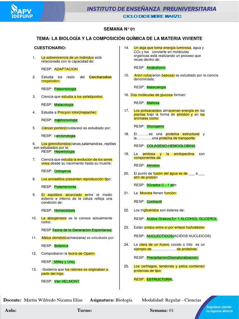 Sem. #01 Biologia Claves | PDF | Vitamina | Proteínas