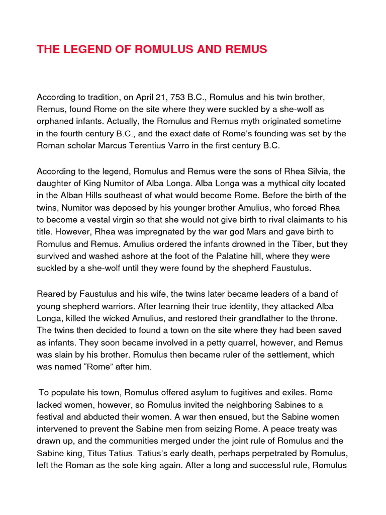 Italian Legend Romulus and Remus | PDF | Romulus And Remus | Ancient Rome