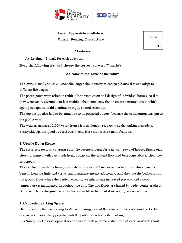 Quiz 1 - Reading - Structure (Question Sheet) | PDF | Room