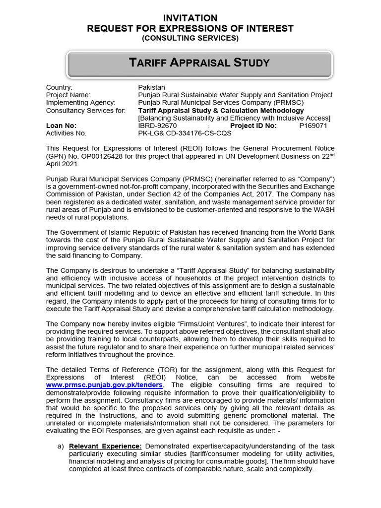 Ariff Ppraisal Tudy: Invitation Request For Expressions of Interest | PDF | Consultant | Water ...