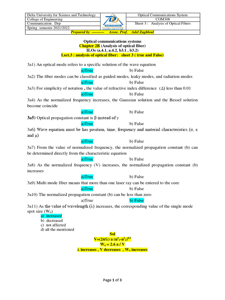 Optical Communications (Solved Sheets 3) PDF | PDF | Waves | Optics Optical Communications (Solved Sheets 3) PDF | PDF | Waves | Optics