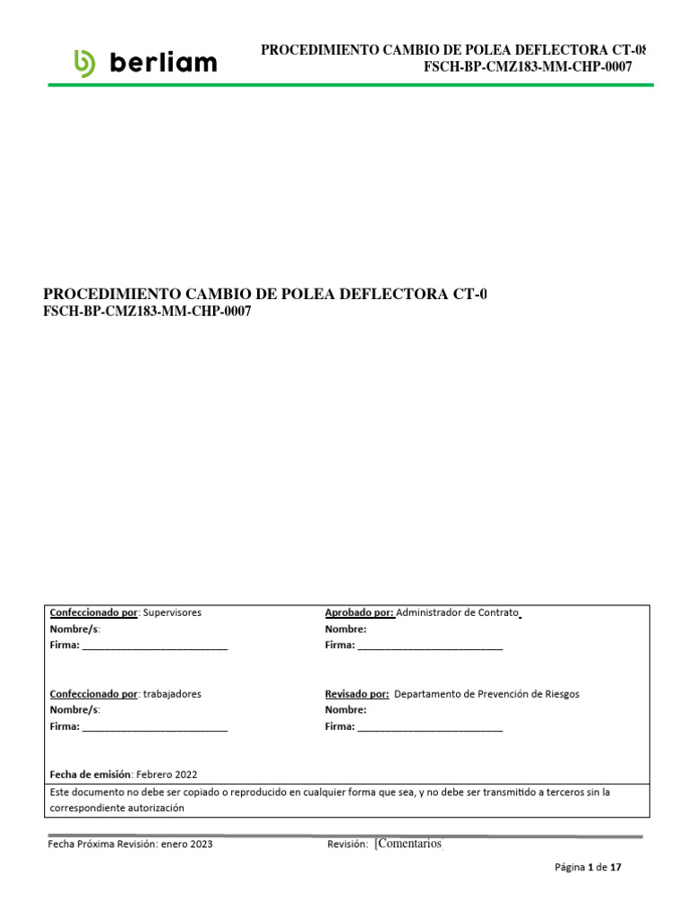 FSCH-BP-CMZ183-MM-CHP-007 PROCEDIMIENTO CAMBIO DE POLEA DEFLECTORA ...