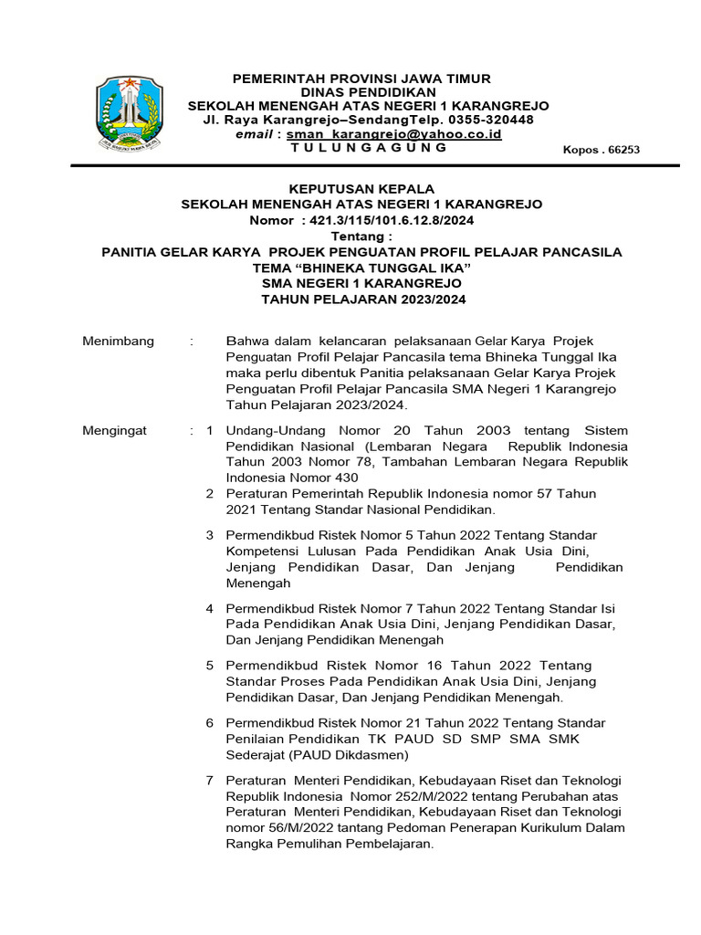 SK PANITIA GELAR KARYA P5 Ke 2 TH 2023-2024 | PDF