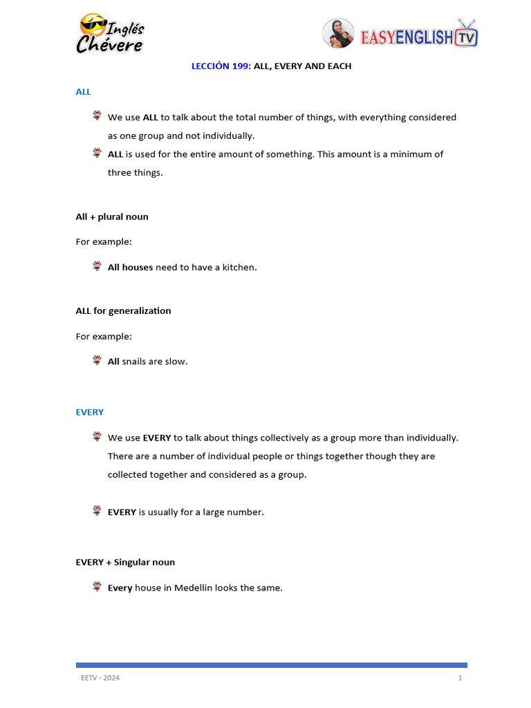 Lección 199 - All, Every and Each - Eetv | PDF | Grammatical Number ...