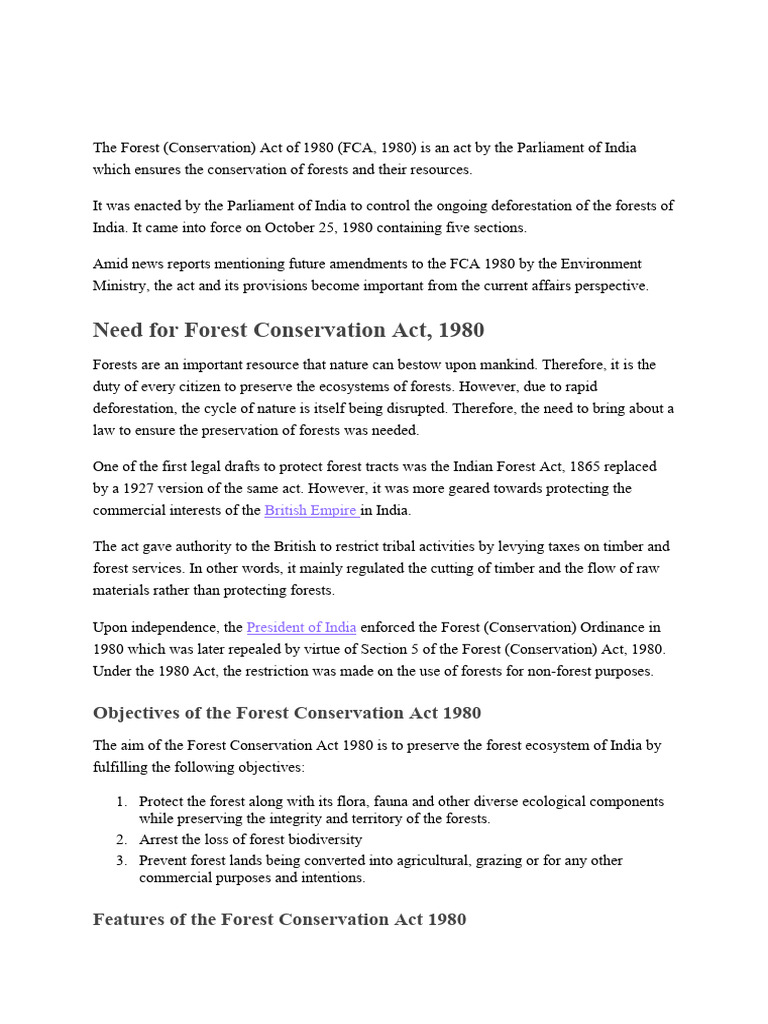 Forest Conservation Act 1980 | PDF | Forests | Environmental Protection