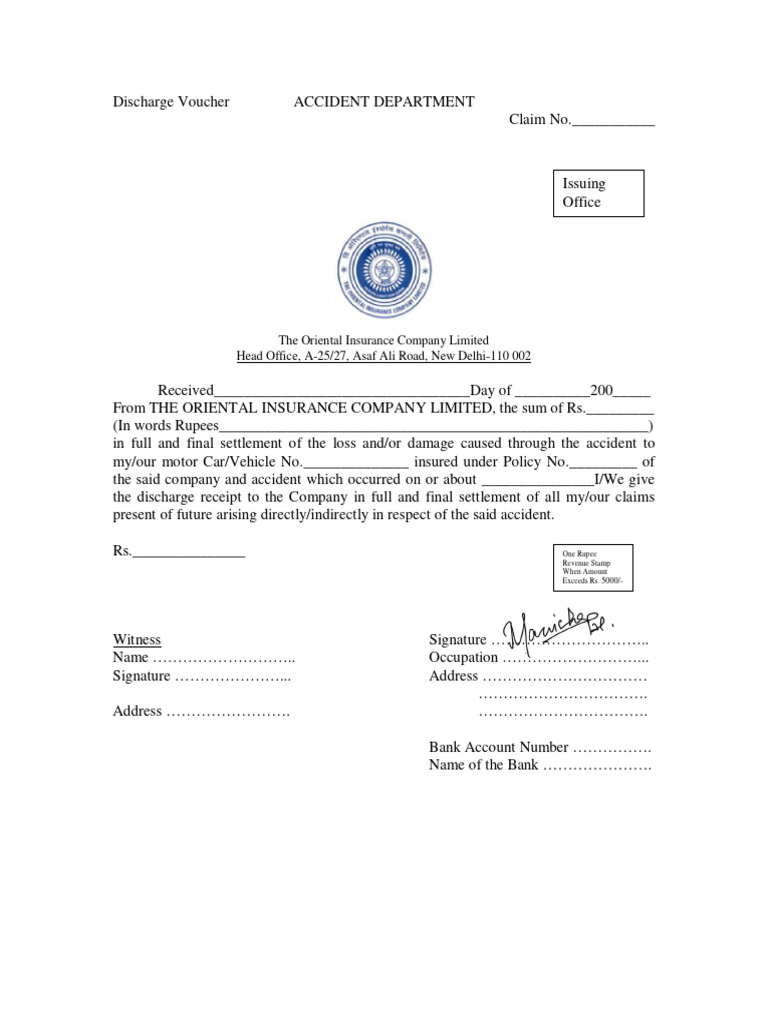 Oriental Insurance Discharge Voucher | PDF