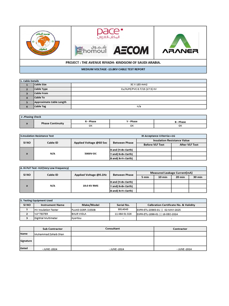 MV Cable Testing Format | PDF | Insulator (Electricity) | Manufactured ...