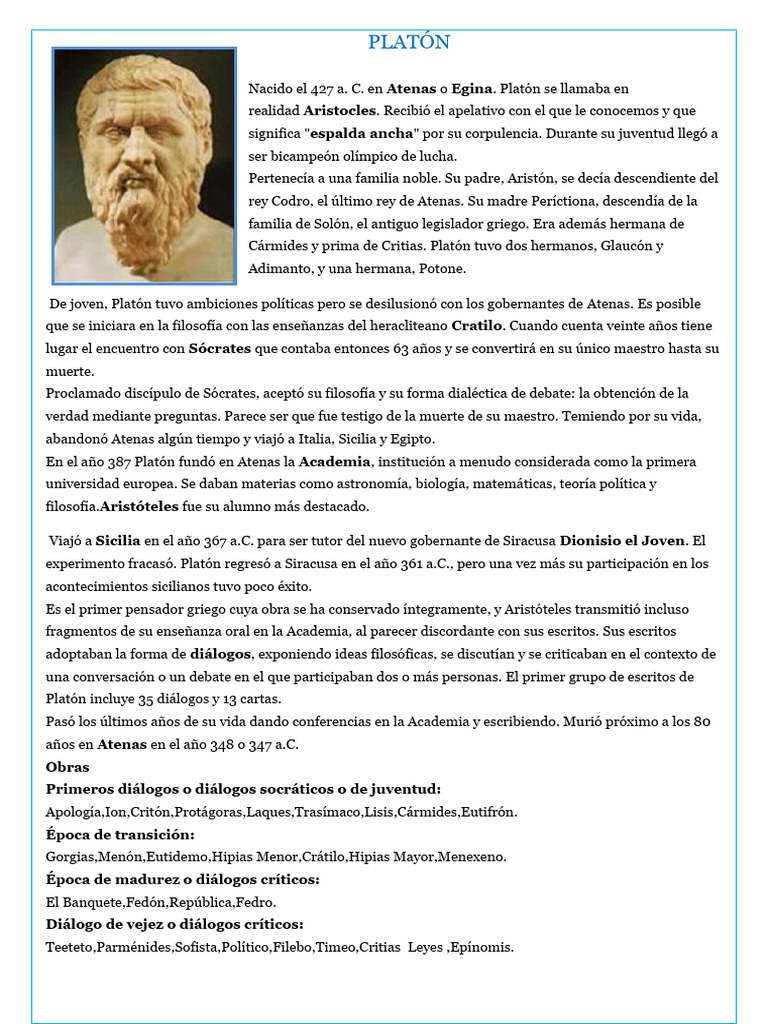 biografia de platon | Descargar gratis PDF | Platón | Diálogos de Platón