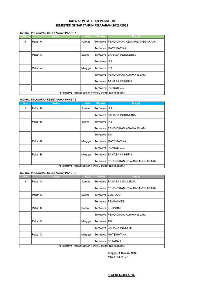 Jadwal Pelajaran PKBM | PDF