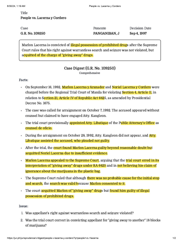 People VS Lacerna Case Digest | PDF | Search And Seizure | Acquittal