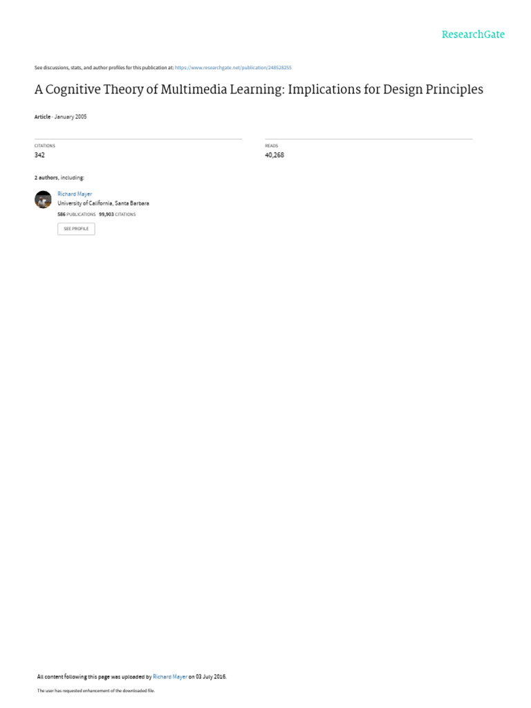 A Cognitive Theory of Multimedia Learning Implicat | PDF | Multimedia ...