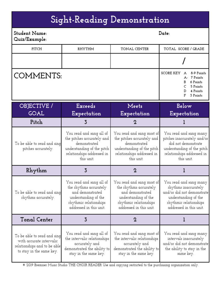 4 - Sight-Reading Assessment Rubric For Choir Programs | PDF | Elements ...