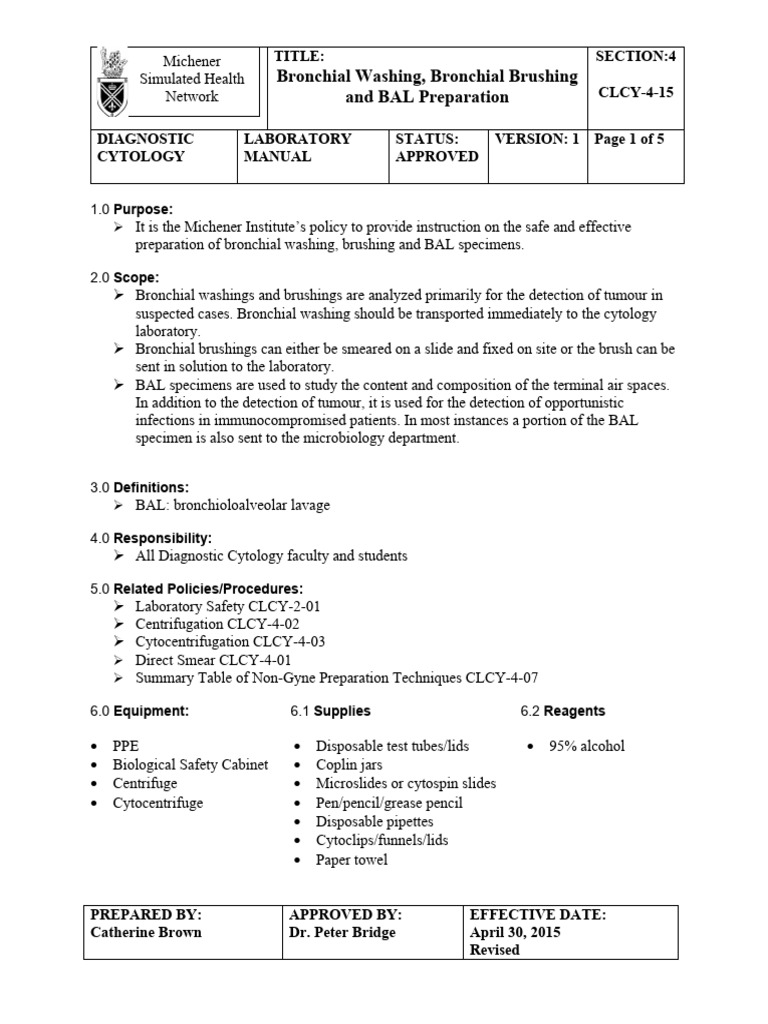 CLCY-4-15 Bronchial Washing, Brushing and BAL Preparation | PDF ...