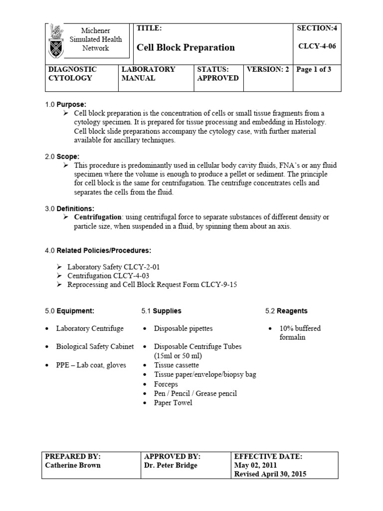 CLCY-4-06 Cell Block Preparation | PDF | Cytopathology | Centrifugation