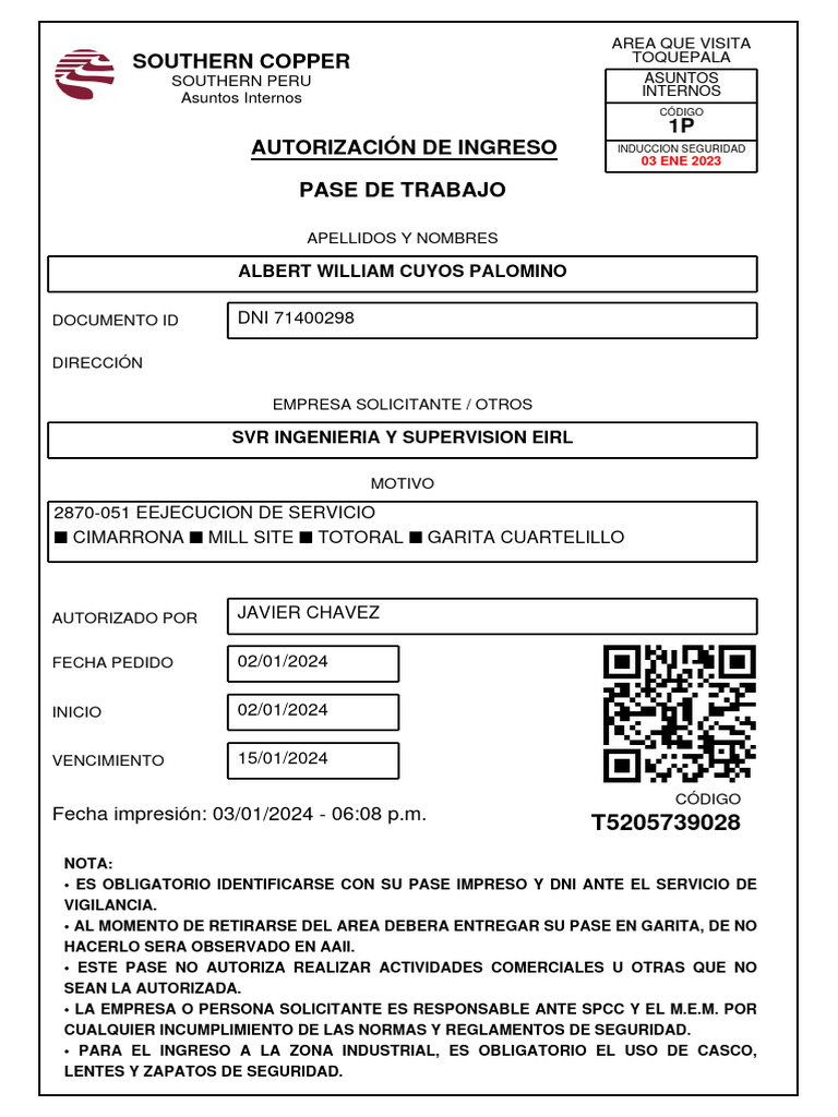 Pase de Trabajo - Albert Cuyos - SVR Ingenieria y Supervision Eirl | PDF