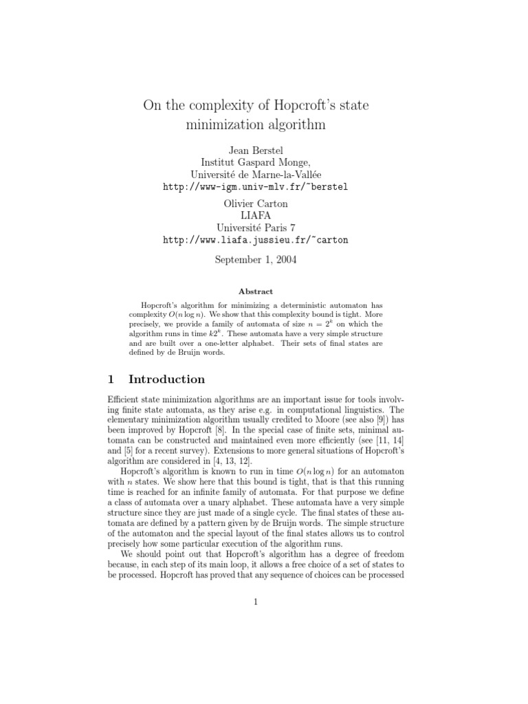 On The Complexity of Hopcroft's State Minimization Algorithm | PDF | Automata Theory | Time ...