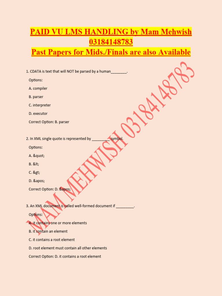 CS311 MCQs Mids 2024 Mam Mehwish | PDF | Xml | Web Standards