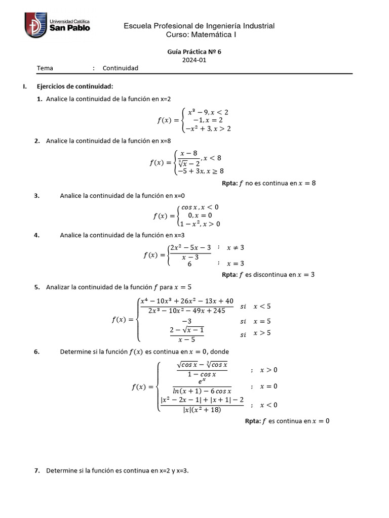 2024-01 MI S6 Continuidad | PDF | Matemáticas | Análisis matemático
