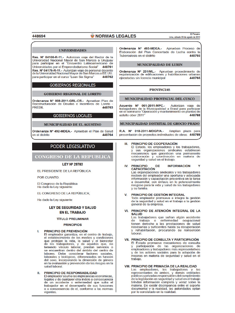 Ley 29783 - Ley de Seguridad y Salud en El Trabajo | PDF