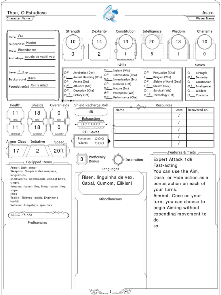 D&Destiny CharacterSheet FormFillable SinglePages | PDF