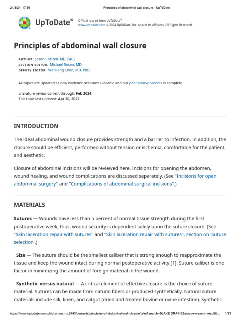 Principles of Abdominal Wall Closure - UpToDate | PDF | Surgical Suture | Wound