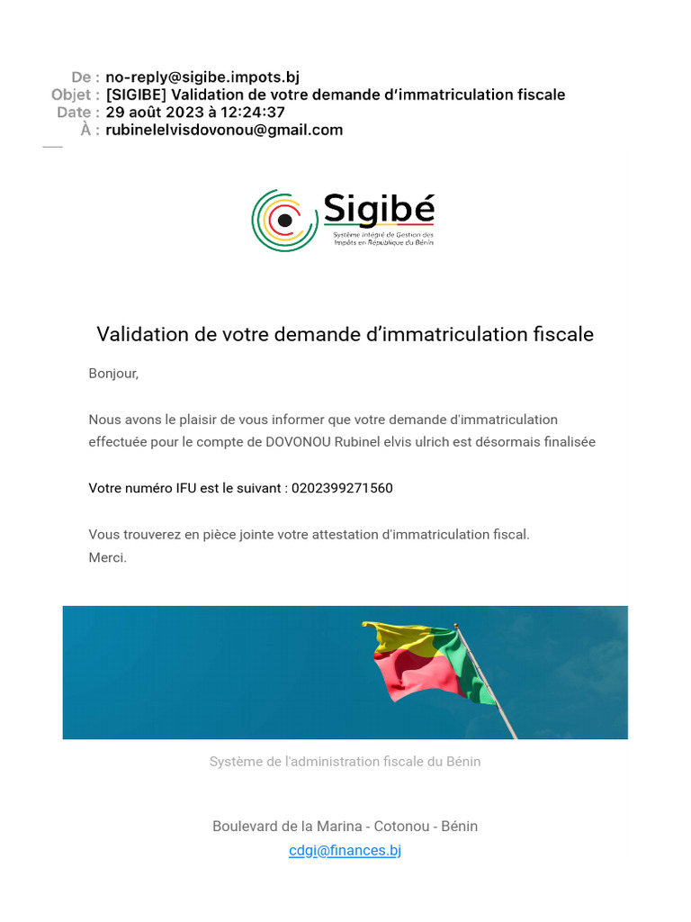 Attestation d'immatriculation IFU Bénin | PDF | Impôts