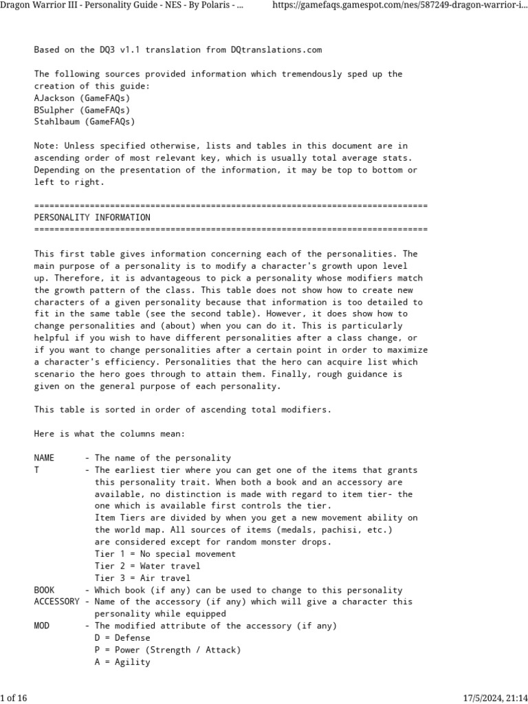 Dragon Warrior III - Personality Guide - NES - by Polaris - GameFAQs | PDF