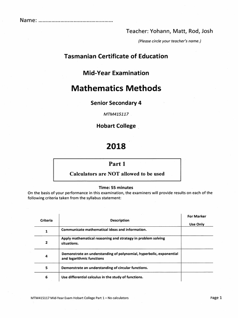 2018 Methods 4 Mid Year Exam | PDF