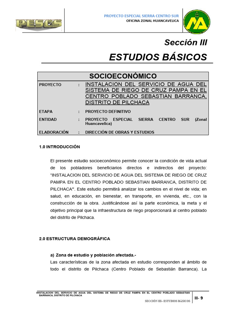 3) Estudios Básicos - Socioeconómico - Pilchaca | PDF | Agricultura | Riego