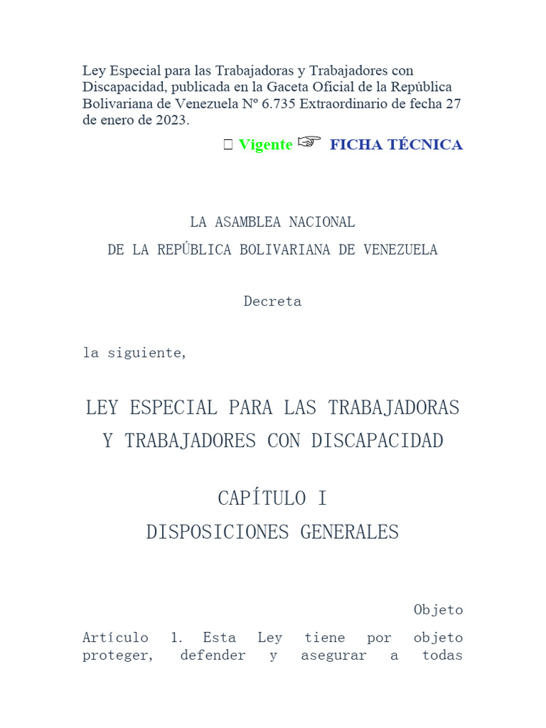 LEY ESPECIAL PARA LAS TRABAJADORAS Y TRABAJADORES CON DISCAPACIDAD ... LEY ESPECIAL PARA LAS TRABAJADORAS Y TRABAJADORES CON DISCAPACIDAD ...