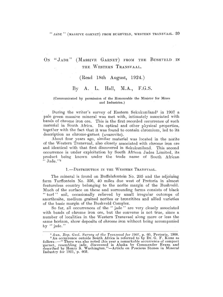 Hall 1924 On Jade (Massive Garnet) From The Bushveld in The Western ...