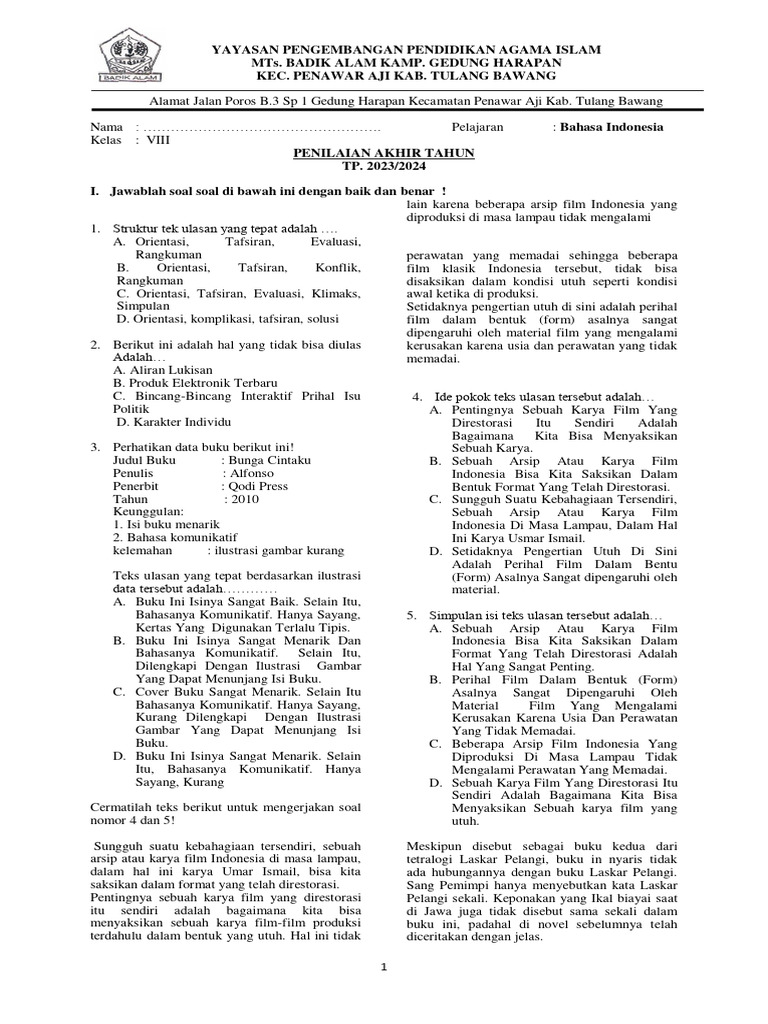 Pat Bindo Kelas 8 2024 | PDF