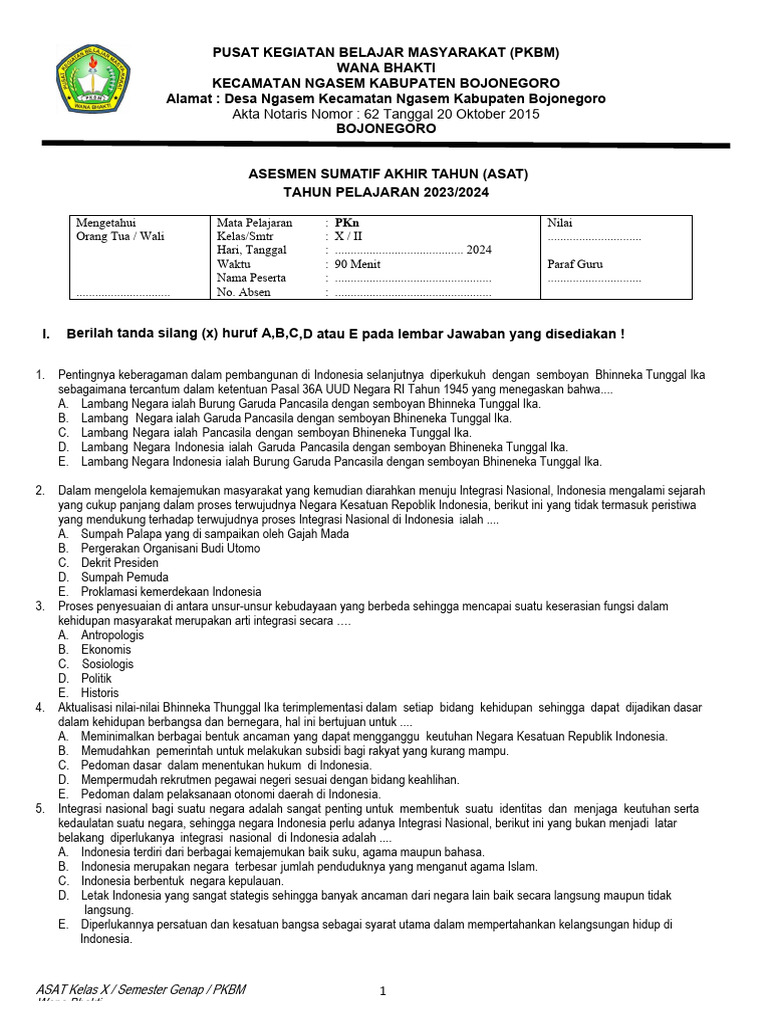 Soal Asat PPKN SMTR 2 - Kelas X | PDF