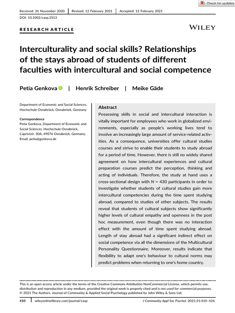Community Applied Soc Psy - 2021 - Genkova - Interculturality and Social Skills Relationships of ...