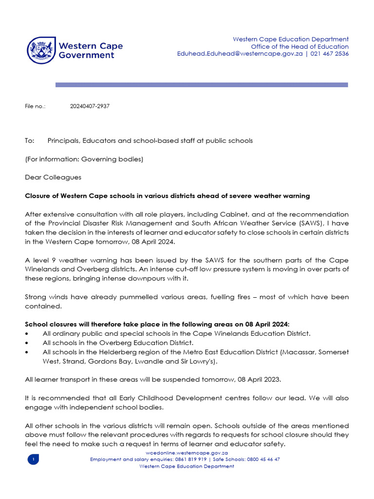 Letter - Closure of Schools Ahead of Severe Weather - 7 April 2024 ...