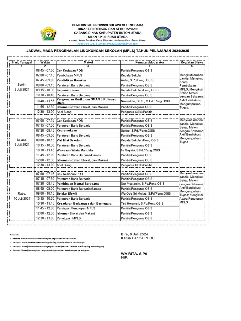 Jadwal MPLS SMAN 3 Kulisusu 2024 | PDF