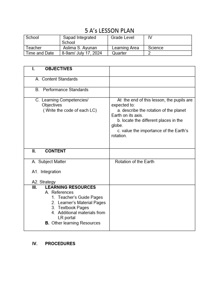 5 A S Lesson Plan 1 | PDF | Rotation | Planets