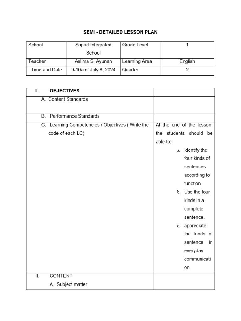 Semi Detailed Lesson Plan | PDF | Lesson Plan | Learning