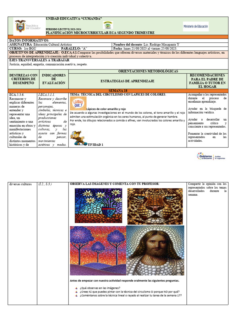 1ro BGU A ECA Semana 18 Planificacion Interdisciplinar 2023-2024 | PDF ...