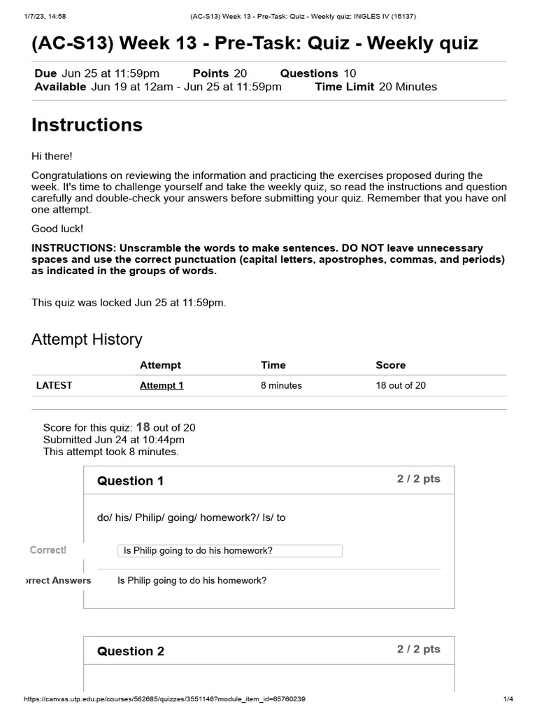 (AC-S13) Week 13 - Pre-Task - Quiz - Weekly Quiz - INGLES IV (16137 ...