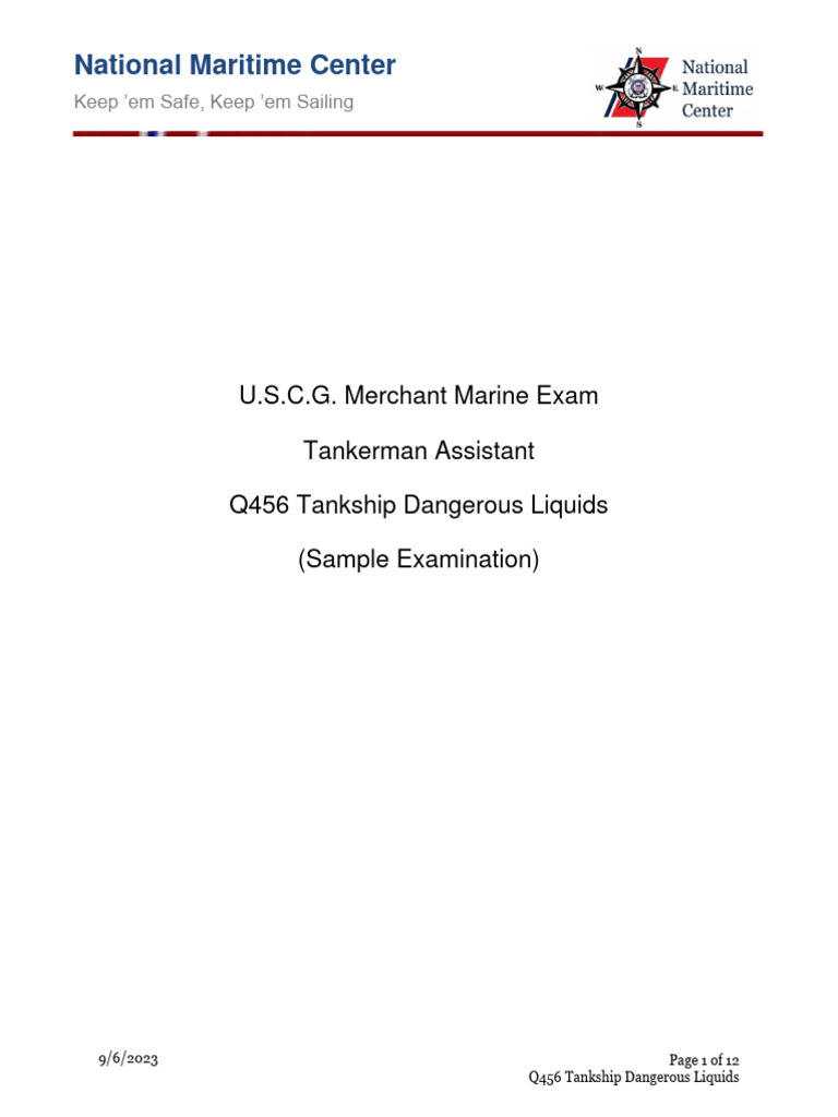 USCG Tankerman Exam q456 - Tankship - Dangerous - Liquids | PDF | Oil ...