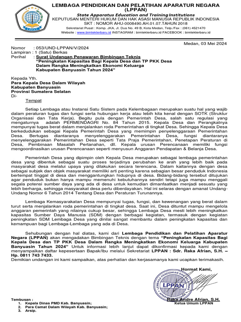Surat Penawaran Bimtek Lppan Kab. Banyuasin 2024 | PDF