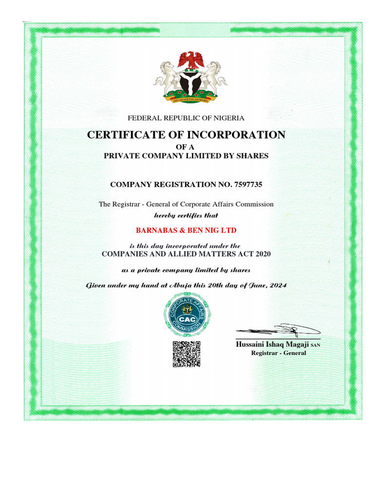 CERTIFICATE - BARNABAS & BEN NIG LTD | PDF