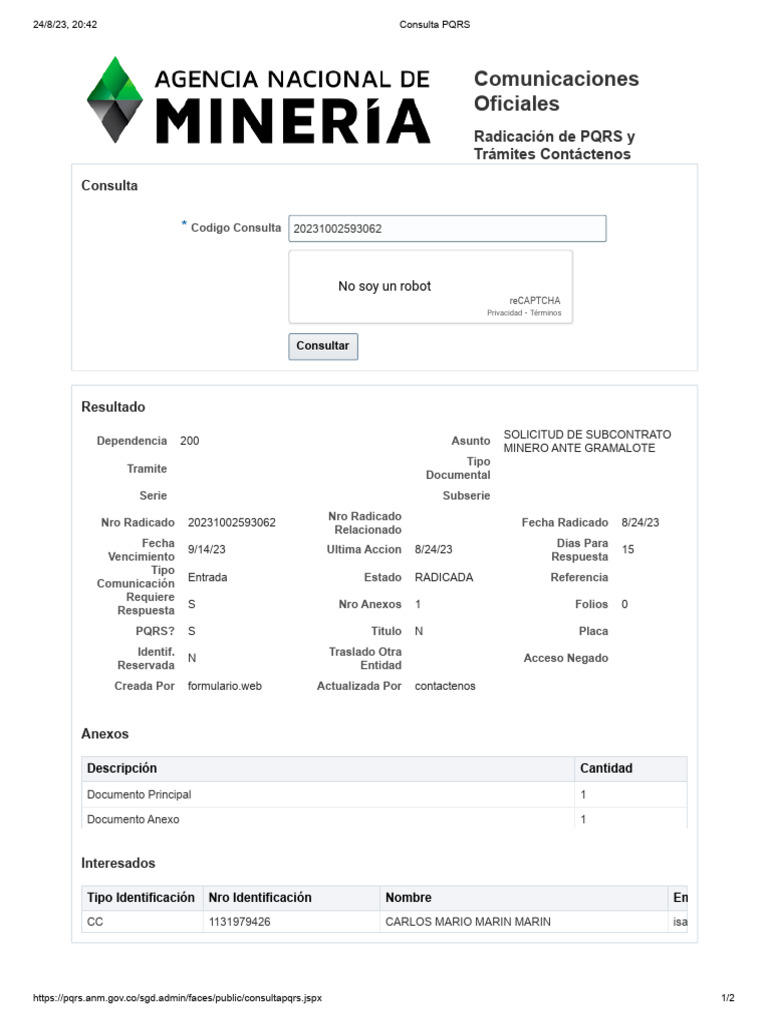 RADICADO SOLICITUD DE FORMALIZACION MINERA MEDIANTE SUBCONTRATO, CESION DE AREA O FORMALIZACION ...