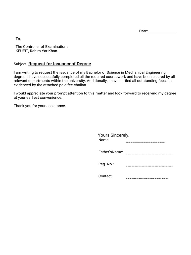 Request For Issuance of Degree | PDF