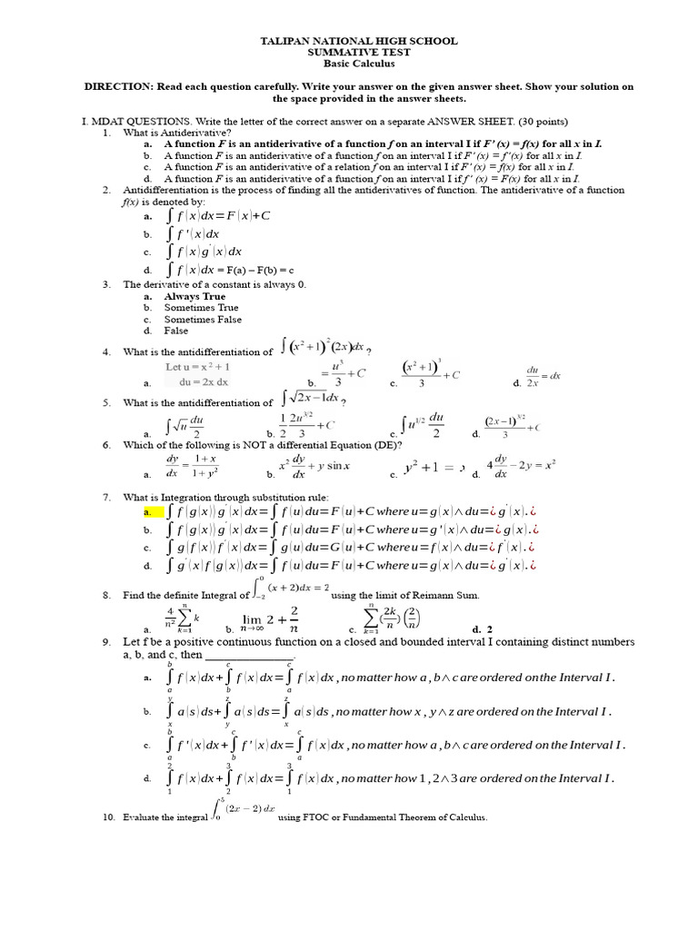 Basic Calculus - SUmmative Examination | PDF | Mathematical Analysis | Mathematics