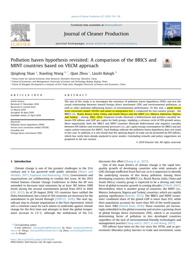 5 Pollution Haven Hypothesis Revisited a Comparison of the BRICS and ...