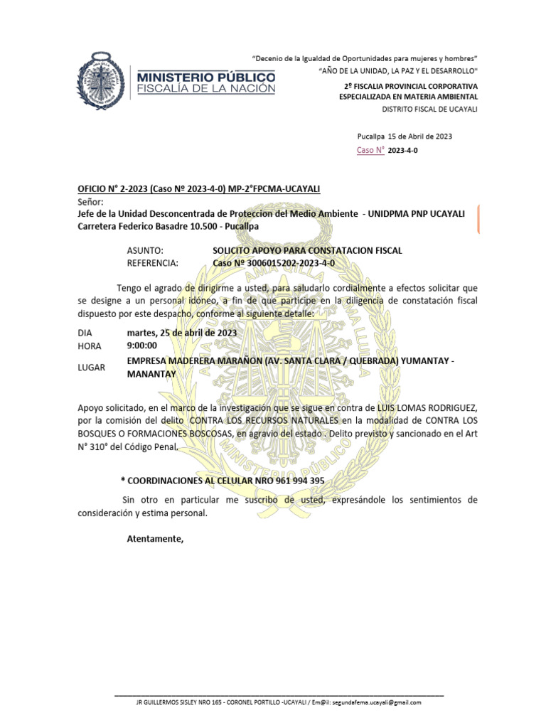 OFICIO #2-2023 (Caso #2023-4-0) MP-2°FPCMA-UCAYALI - DEPMEAMB-U | PDF